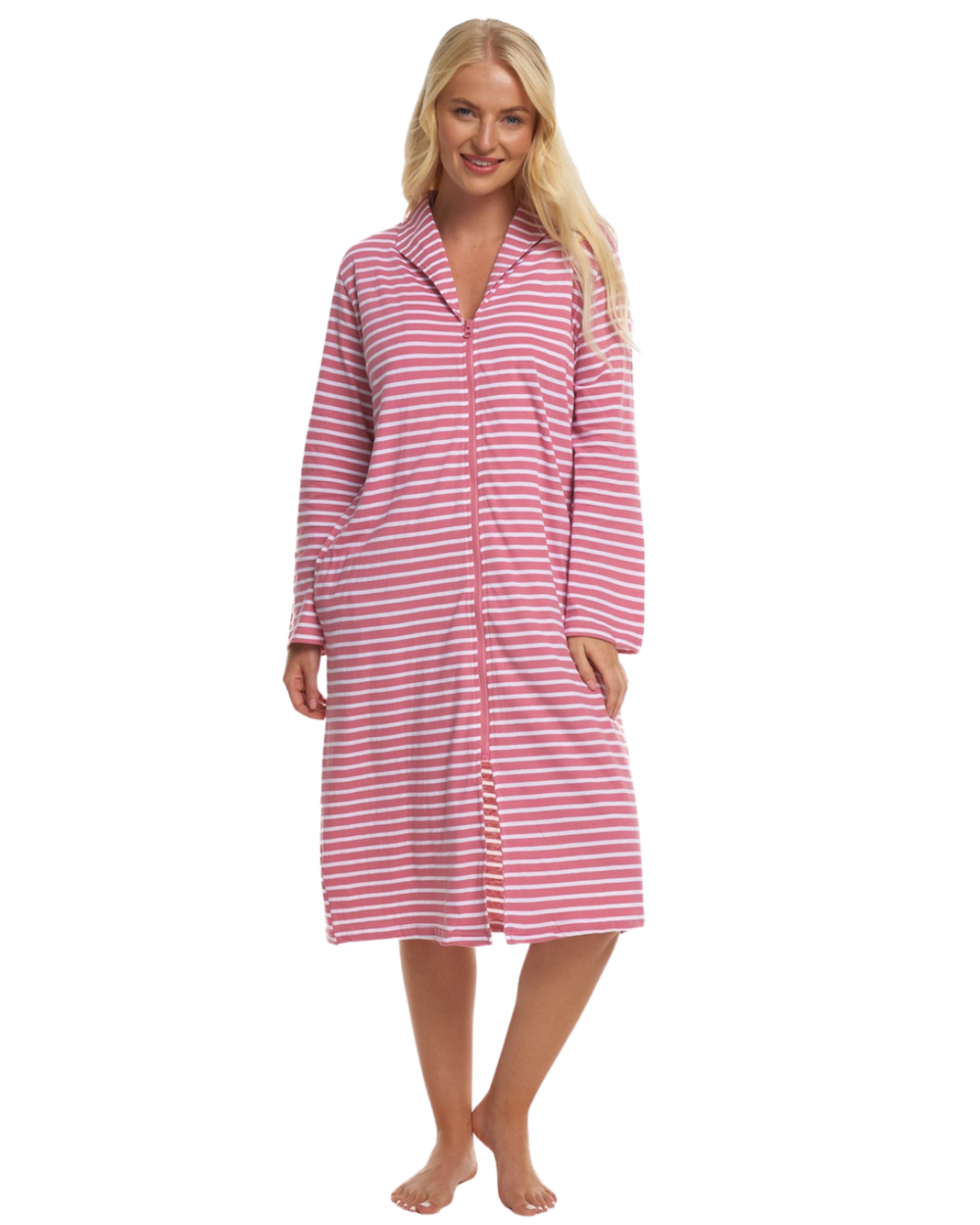 Women's 100% Cotton Lightweight Stripe Zip Dressing Gown with Side Poc ...
