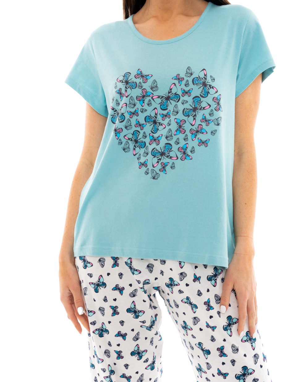 Duck Egg Butterfly 100% Cotton Short Sleeved Cropped Leg Pyjamas – Suzy ...